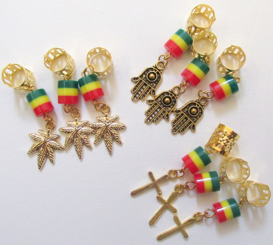 Mixed Rasta Braid Dread Charm. Loc Hair Cuff Charms. Gold Ganja Hamsa ...