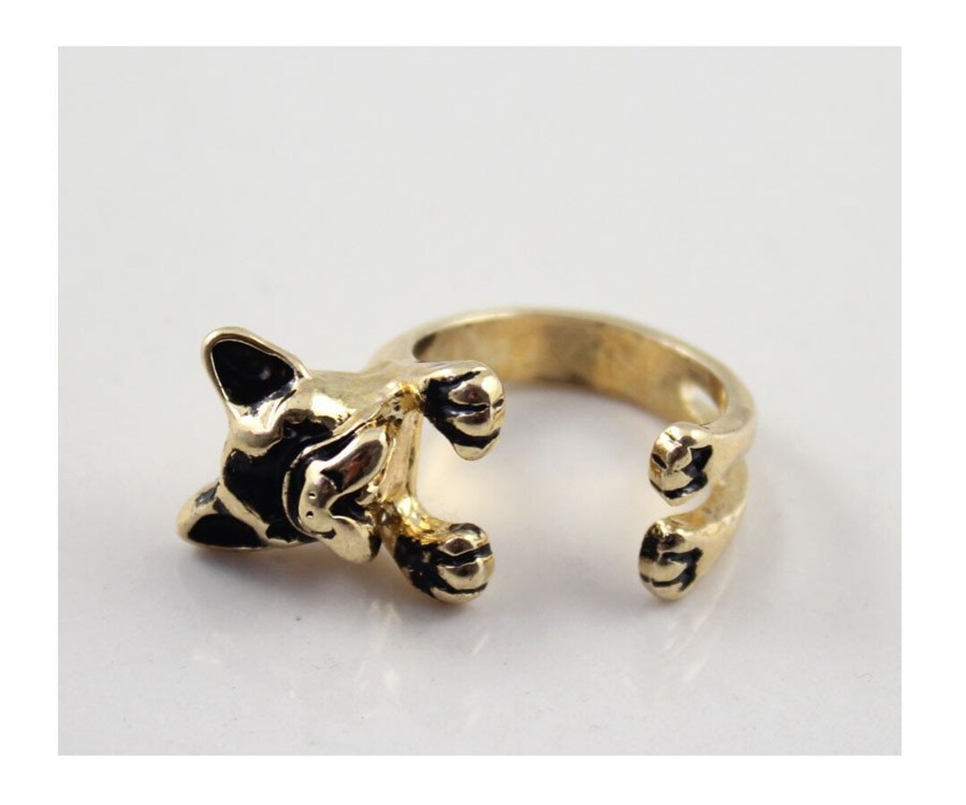 Distressed Gold Tone Black Face Dog Lovers Buldog Pug Ring Size UK L1/2 ...