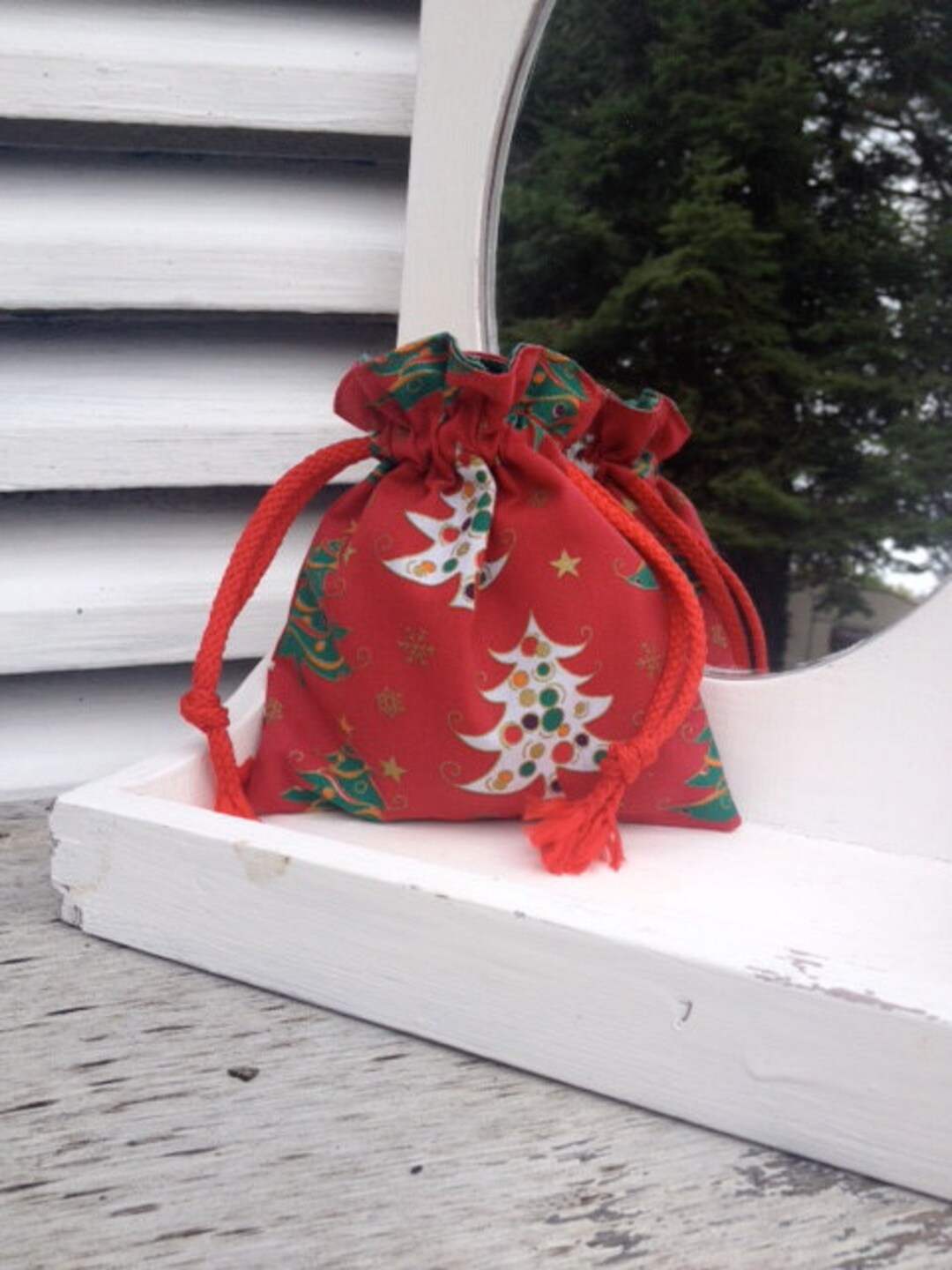 Red Christmas Tree Design Bag With Drawstring, Gift Bag, Pouch, Lined ...