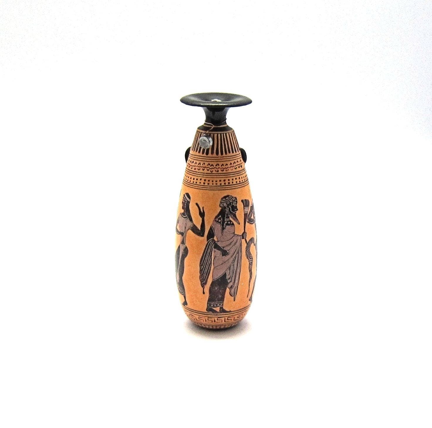 Greek Vase , Black Figure Alabastron of a Satyr Pursuing a Maenad , the ...