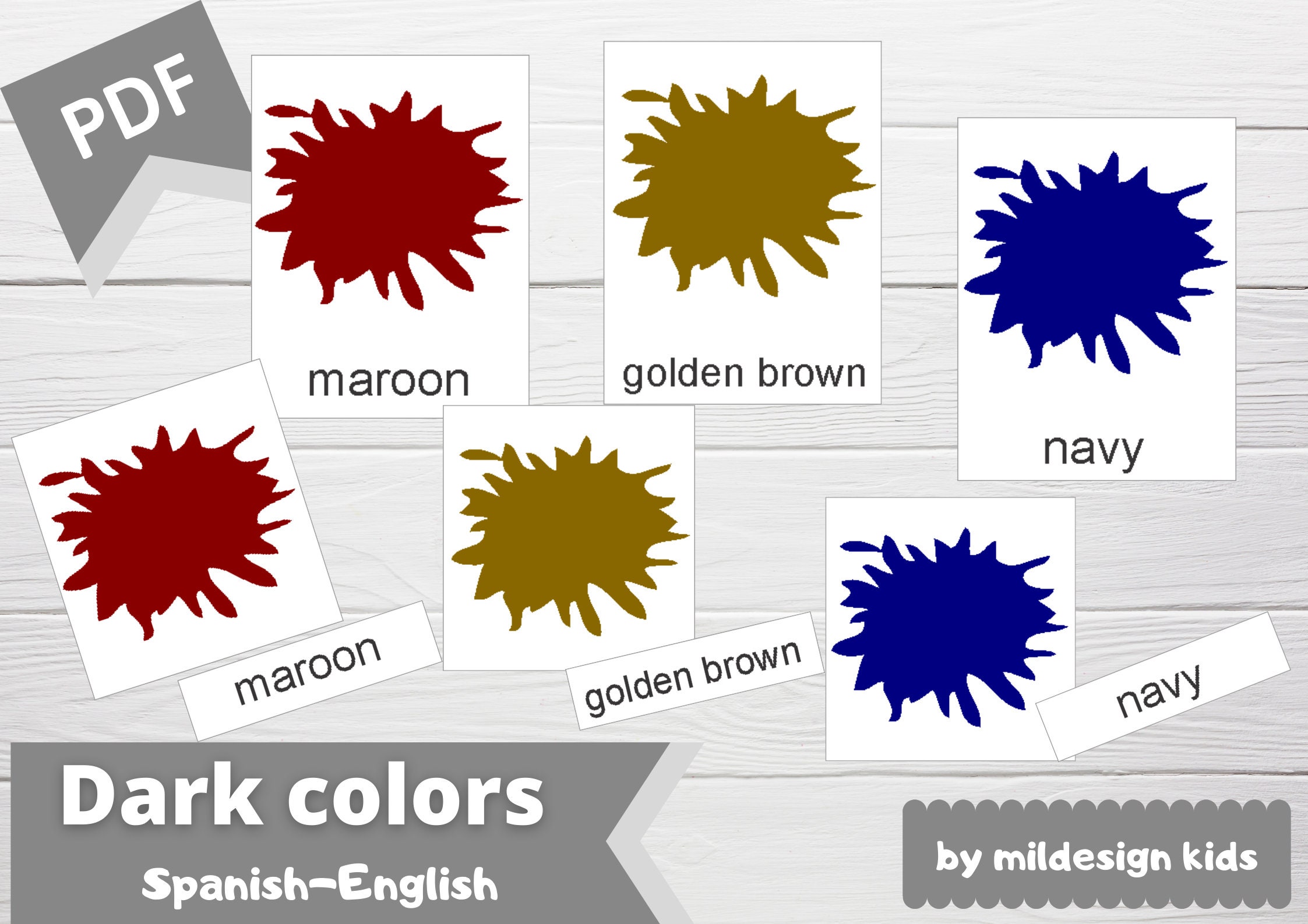 Dark Colors / Flashcards Printable Colors English Spanish | Etsy España
