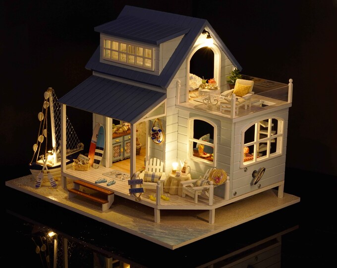 1: 24 DIY Miniature Dollhouse Kit Caribbean Beach House With Sail Boat ...