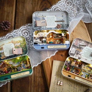 SUPER TINY 1:100 DIY Miniature Dollhouse Kit Tin Box Mini World Fairy ...
