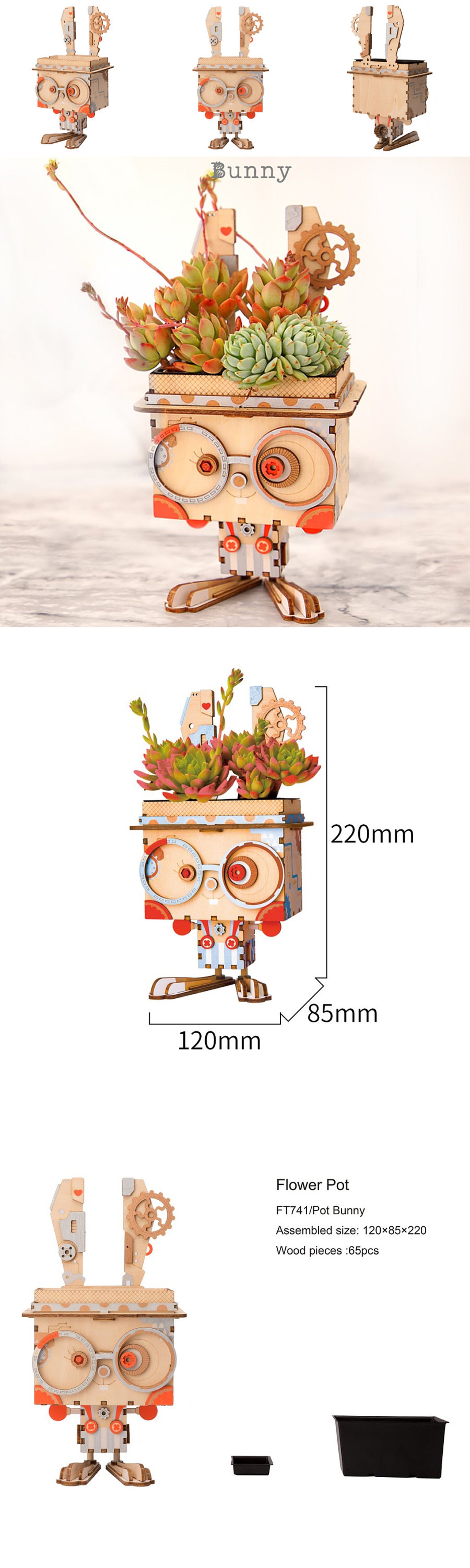 3D Wooden Puzzle DIY Kit Succulent Mini Pot Robot Bunny Puppy Kitty ...