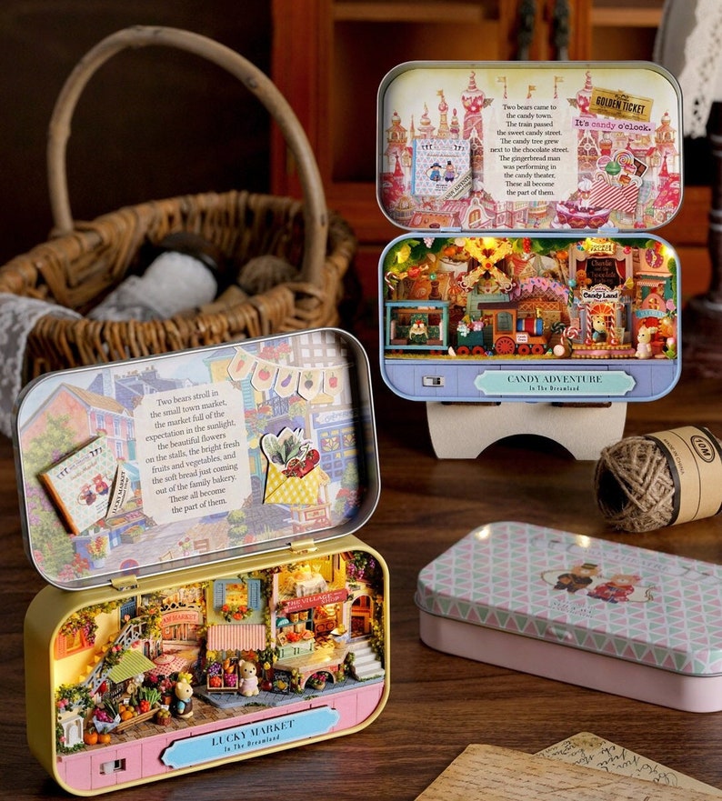 SUPER TINY 1:100 DIY Miniature Dollhouse Kit Tin Box Mini World Fairy ...