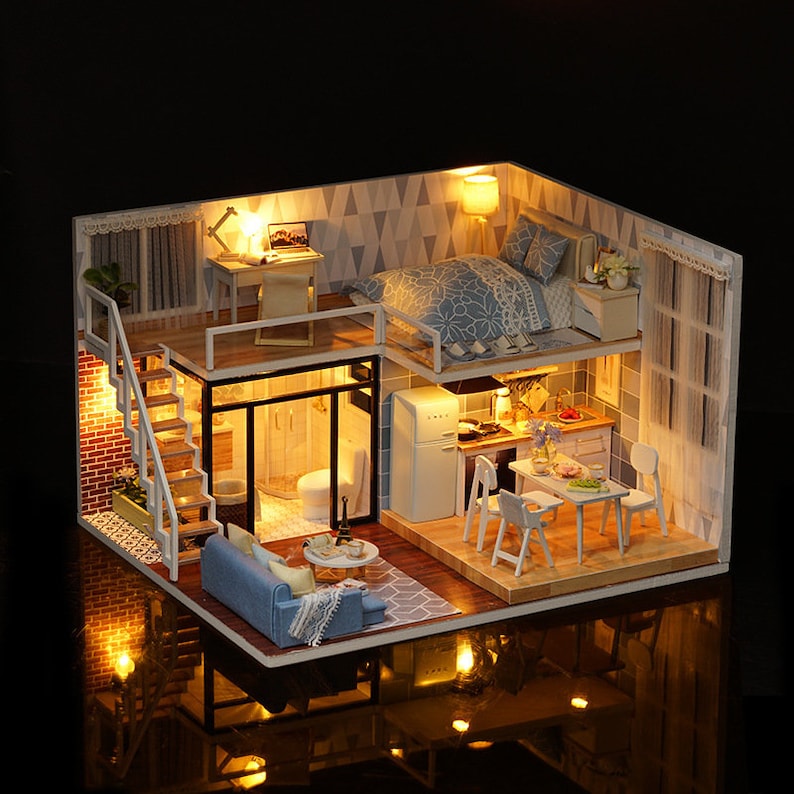 1 24 Diy Miniature Dollhouse Kit Blue Times Loft Apartment Etsy