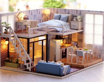 1 32 DIY Miniature Dollhouse Kit Blue Times Loft Apartment Scene Cute Room With Light and Music Box Gift Home Decor Craft in a Box Etsy Canada