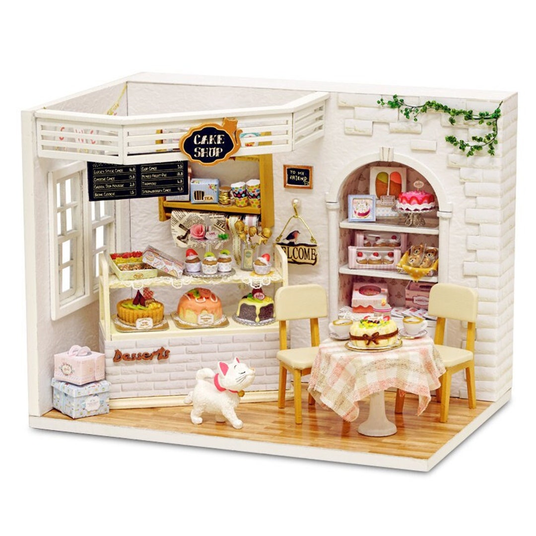 1:24 DIY Miniature Dollhouse Kit Cake Shop Bakery Dessert Kitten Pastry ...