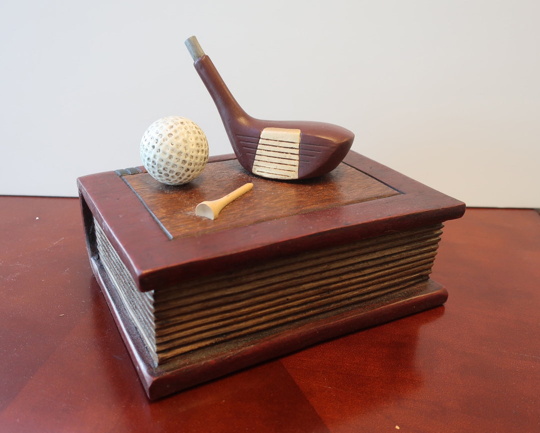 Golf Themed Hand Carved Wood Box With Golf Ball & Club hinged Office ...