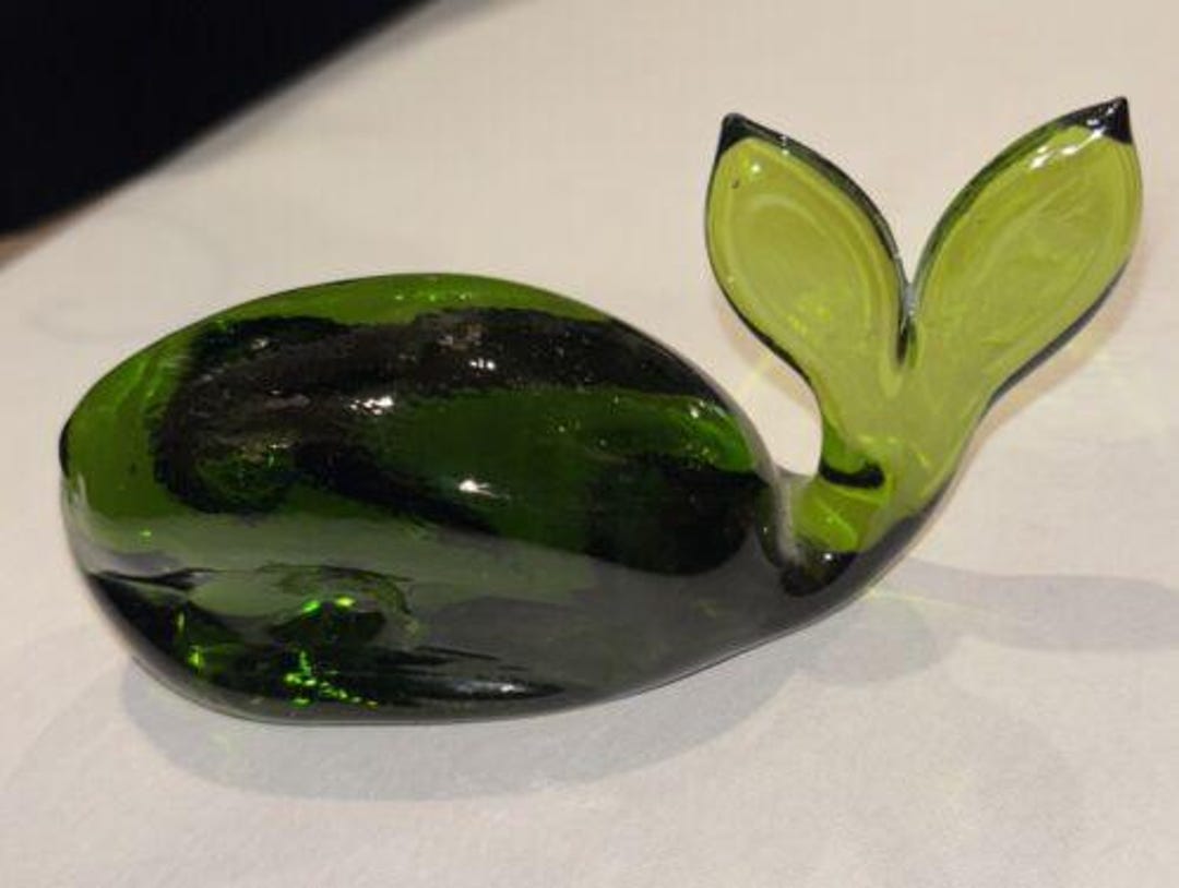 MCM Hand Made Blown Glass Whale Figurine Sculpture Emerald Olive Green ...