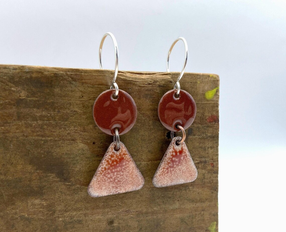 Rusty Red Enamel Earrings Triangle Dangle Earrings Rust and Cream ...