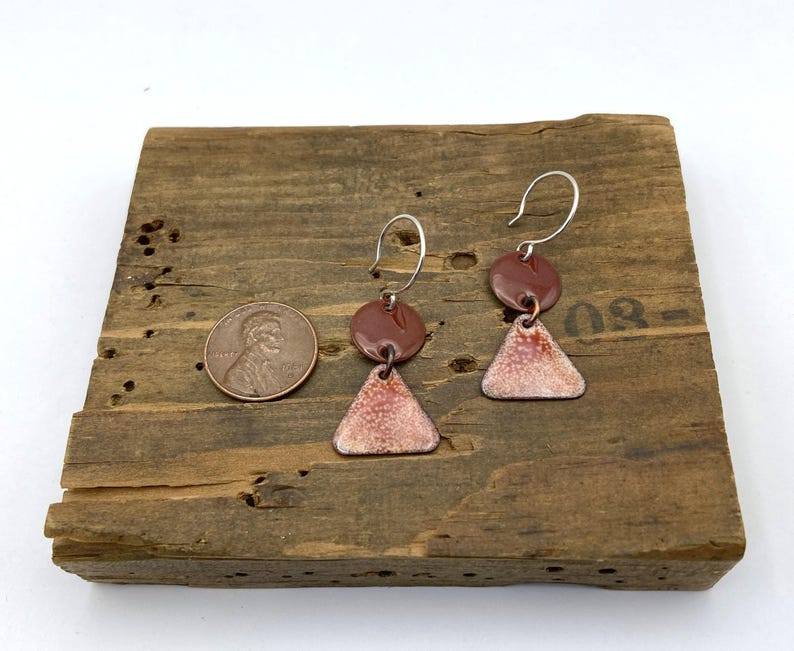 Rusty Red Enamel Earrings Triangle Dangle Earrings Rust and Cream ...