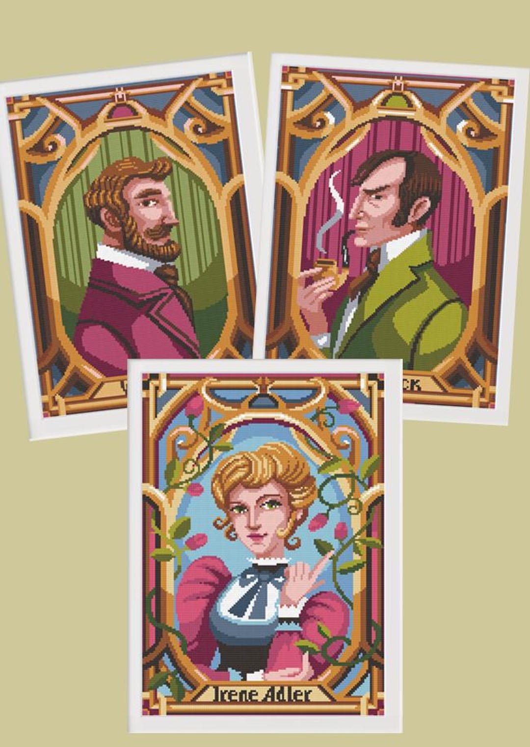 3 Cross Stitch Patterns - Sherlock Holmes Watson and Irene Adler ...