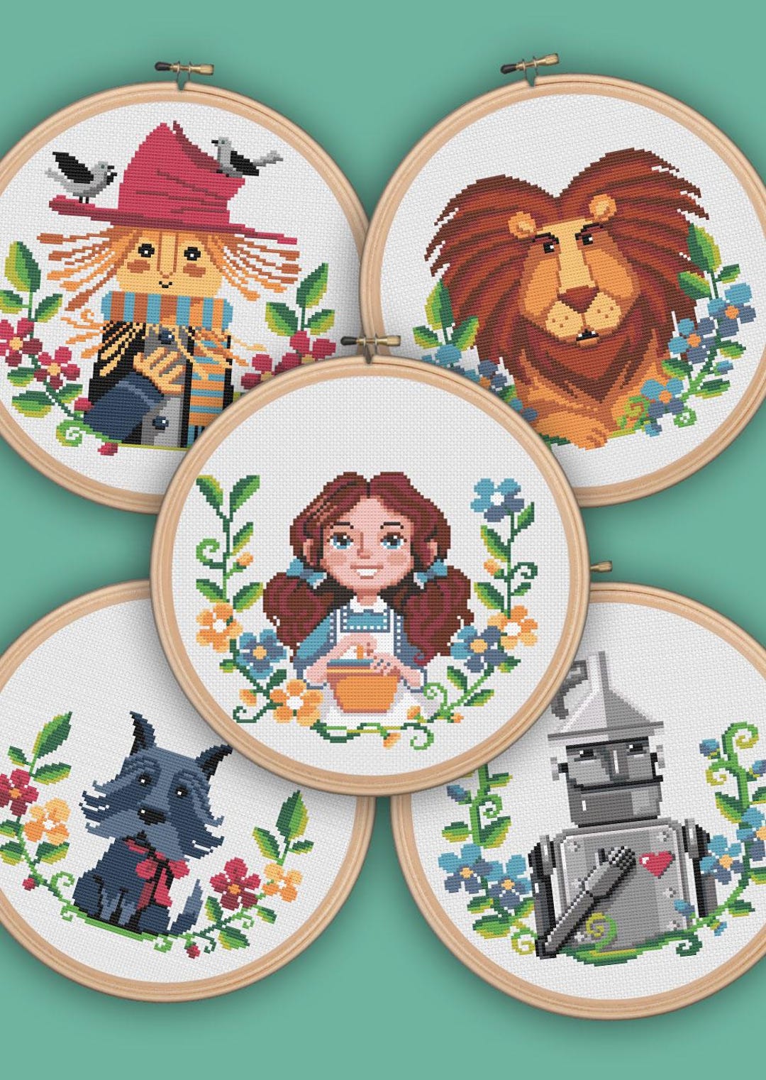 5 Cross Stitch Patterns - the Wizard of OZ Bundle - Dorothy, Toto, the Scarecrow, the Lion, and ...