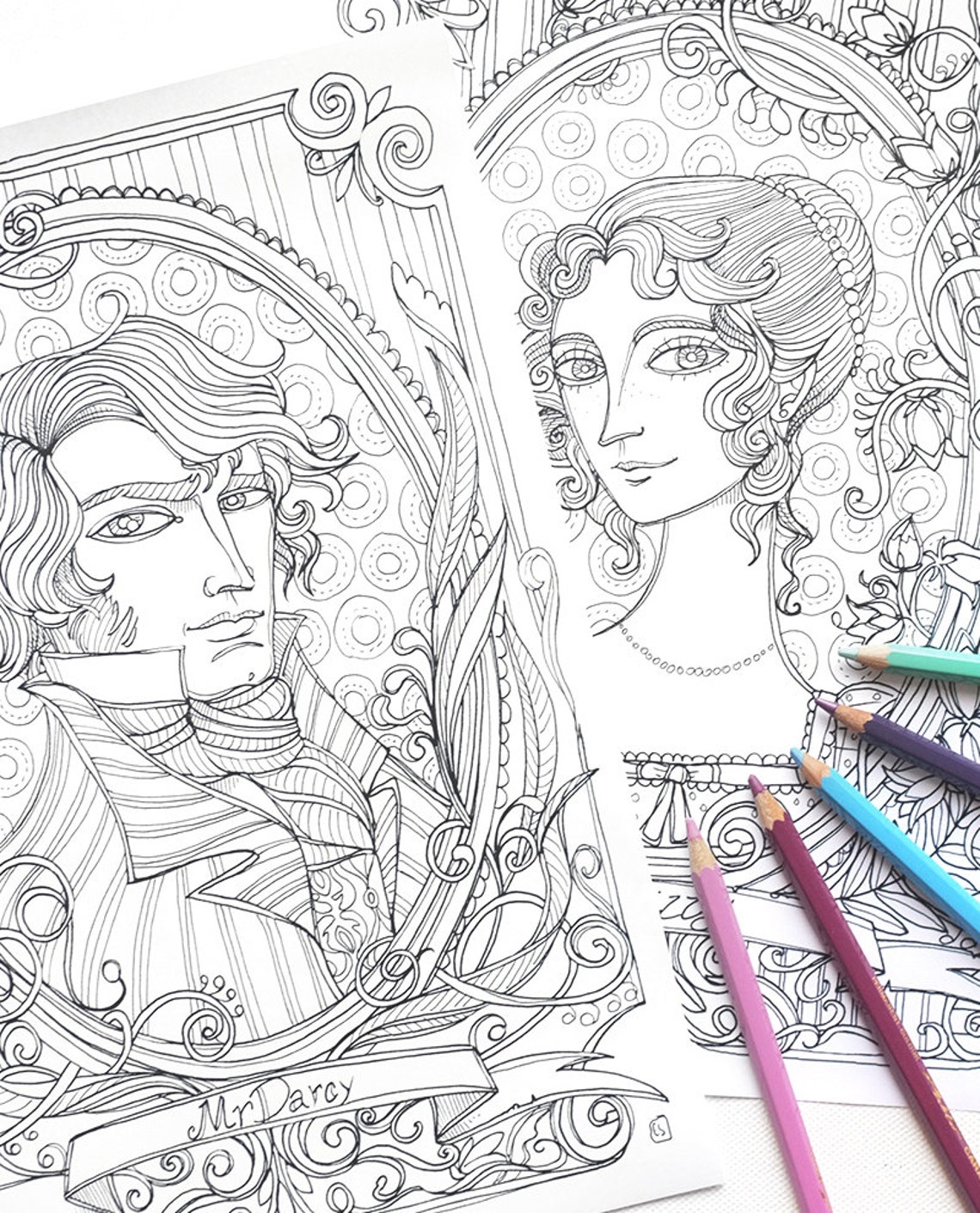 Coloring Page JPG Pride and Prejudice Lizzy and Darcy - Etsy Sweden