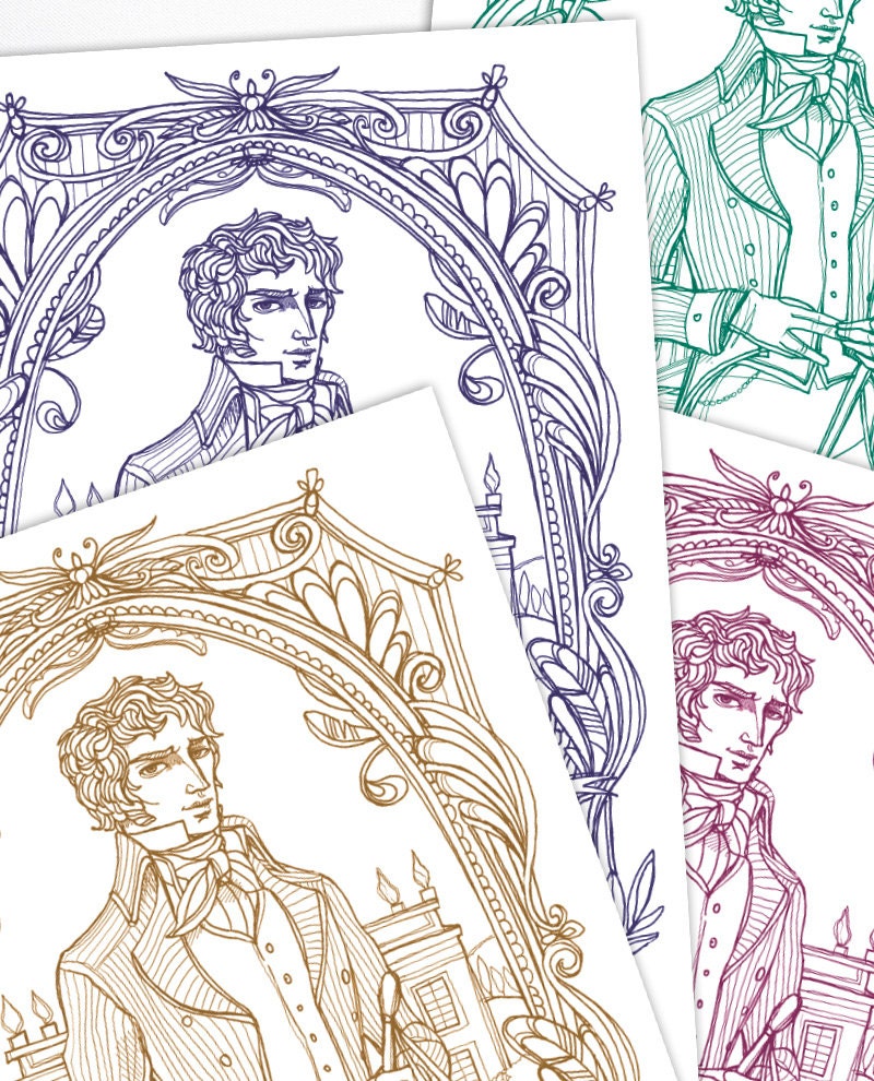 Coloring Page PDF- Jane Austen, Pride and Prejudice - Mr Darcy and ...