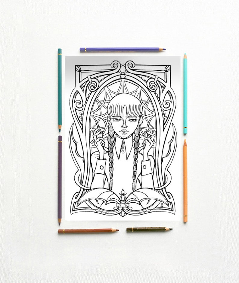 Coloring Page PDF wednesday Addams Portrait Tim Burton - Etsy