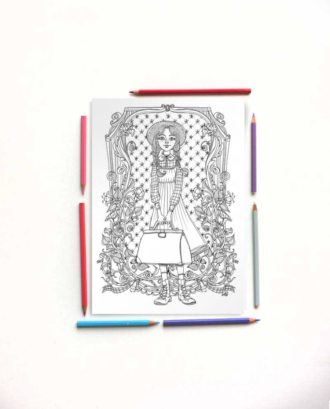 Coloring Page PDF -anne Shirley With a Suitecase Coloring Portrait ...