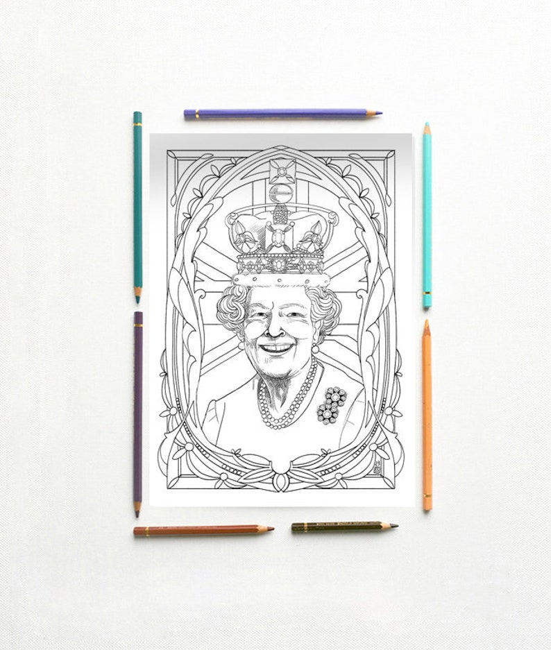 Coloring Page queen Elizabeth II Portrait PDF Instant - Etsy