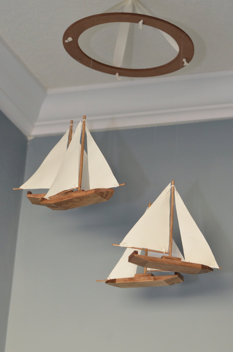 Nautical Nursery Mobile Sailboat Anchor Custom Wooden Fabric Applique ...