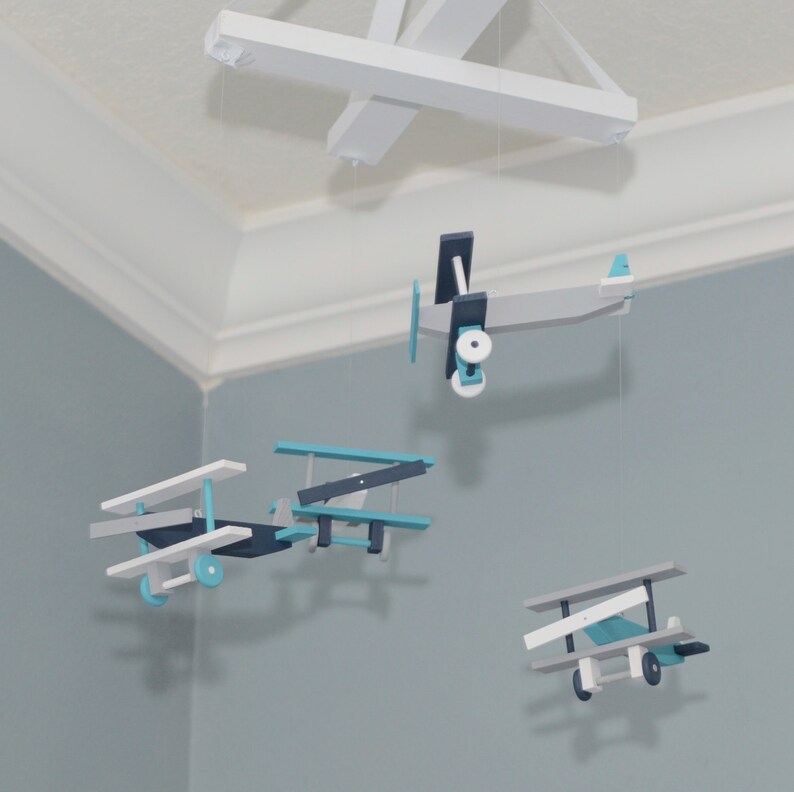 Blue Airplane Nursery Mobile Bi-plane Custom Wooden Biplanes Planes ...