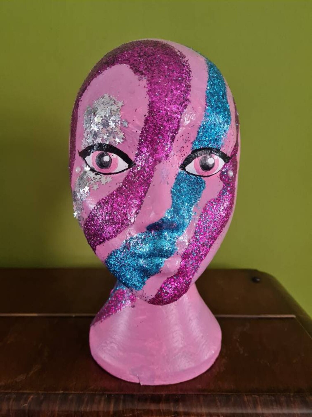 Trans Pride Flag Glitter Head Hat and Wig Stand Hand Painted Vintage ...