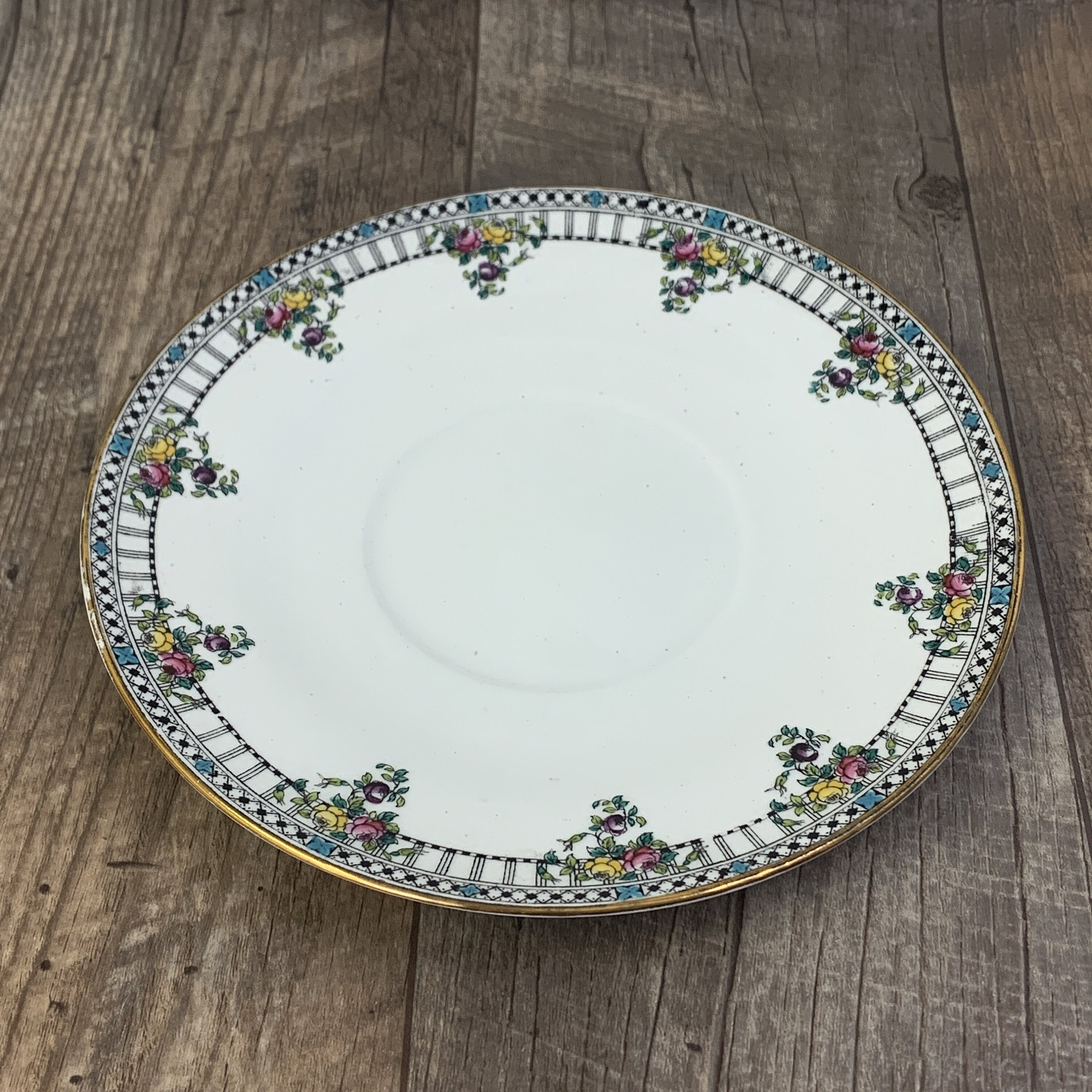 Antique Porcelain Plate with Black Border and Hand Painted | Etsy