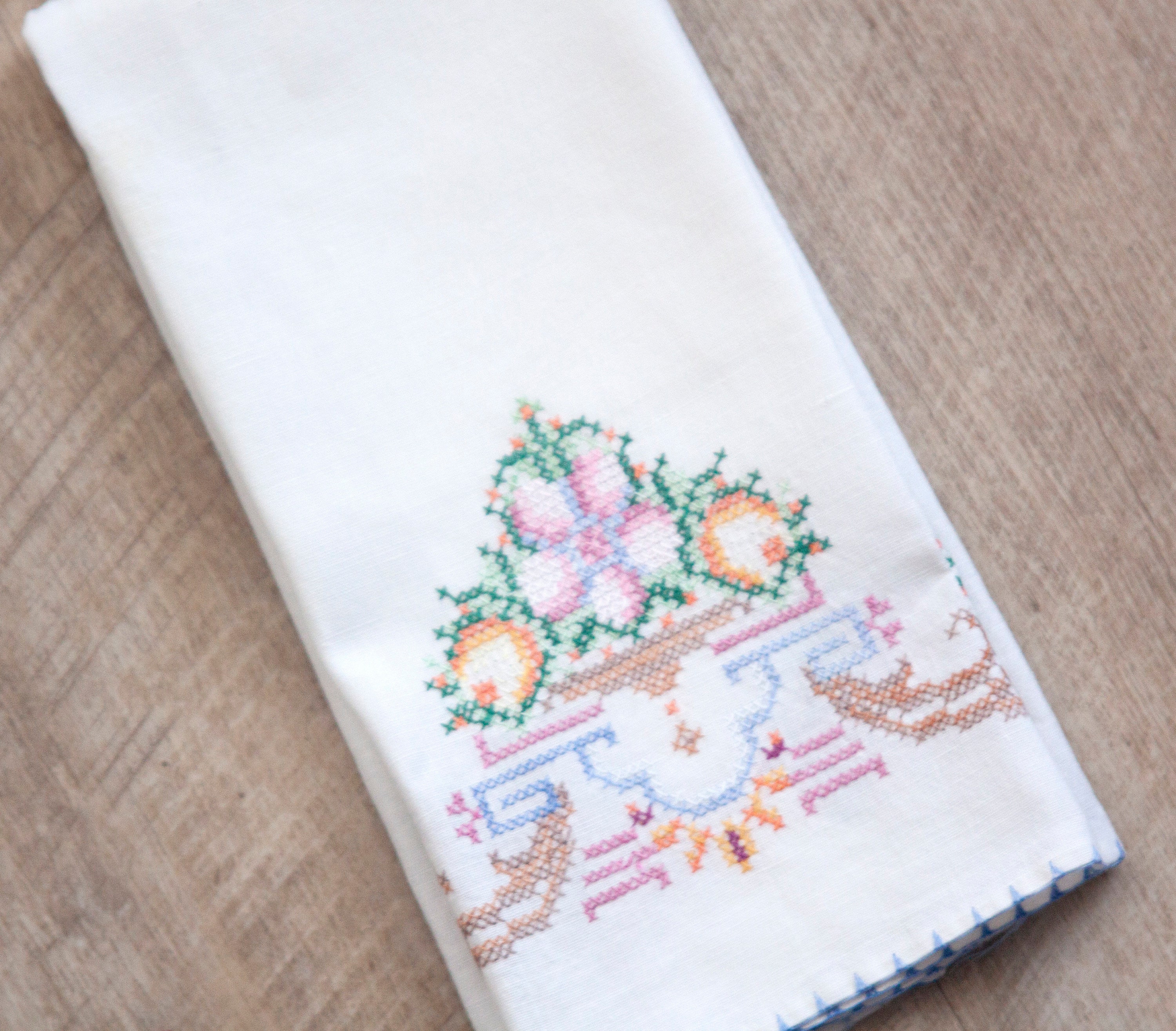 Vintage Embroidered Tea Towel Cross Stitch BOHO - Etsy