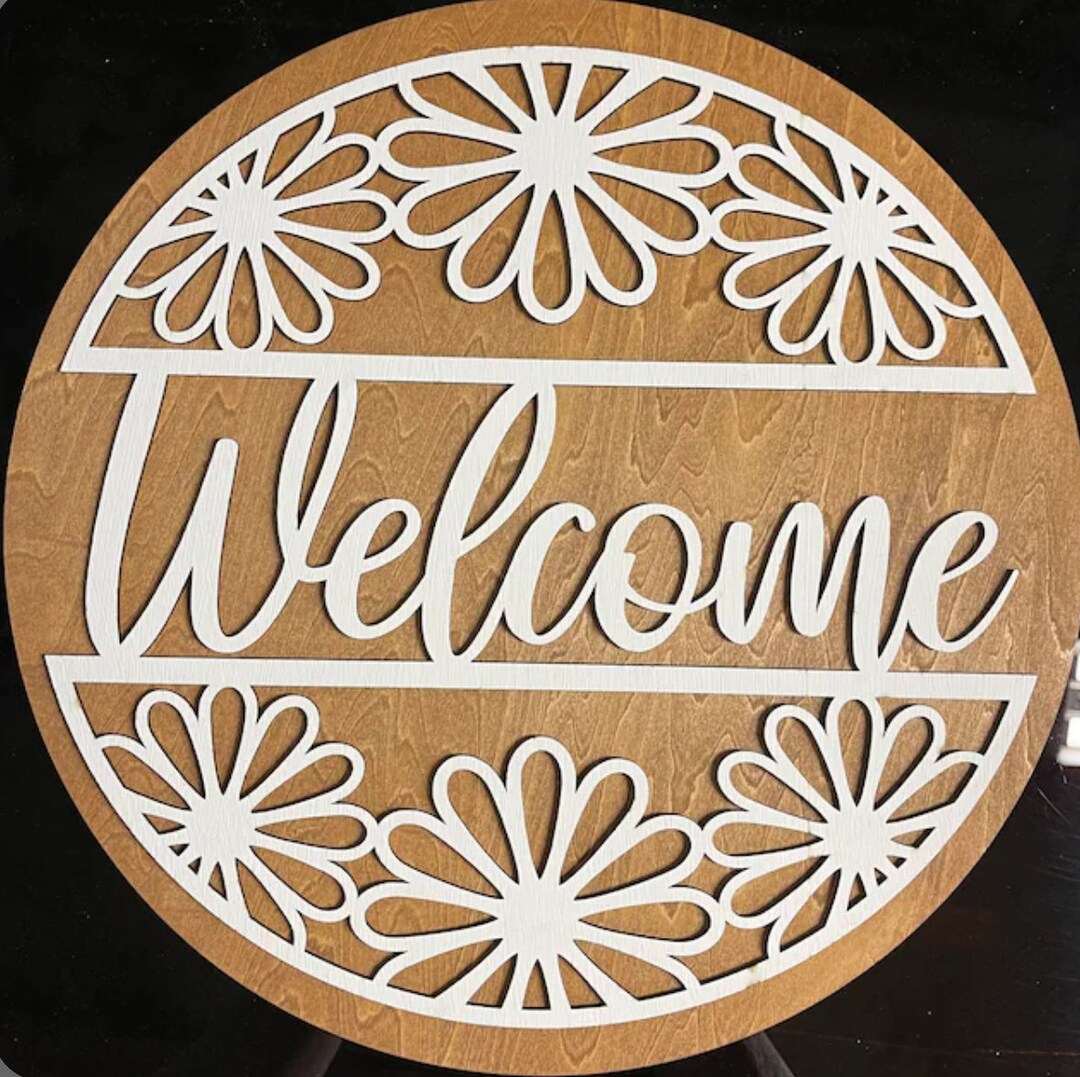Welcome Daisy Sign | Front Door Sign | Wood Round Door Hanger Sign ...