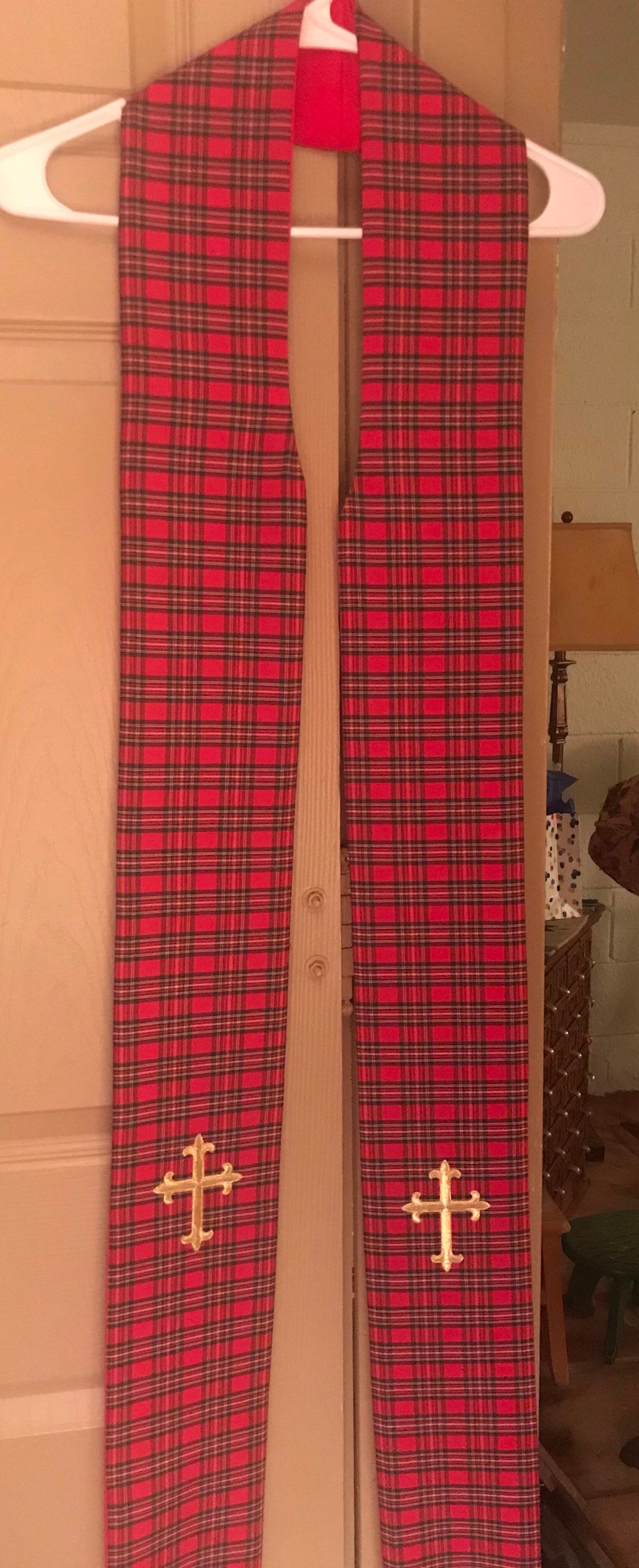 Red Plaid Tartan clergy stole Gold Cross | Etsy