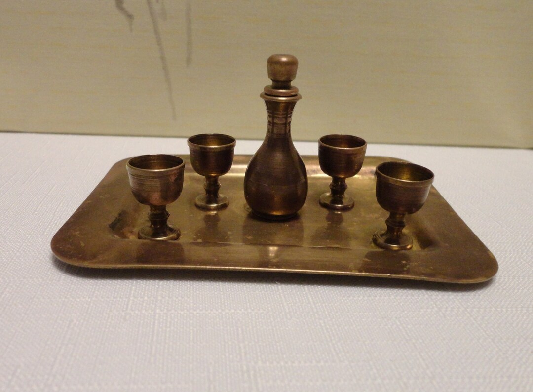 Vintage Miniature Brass Wine Decanter Goblets & Tray 6 Piece Set - Etsy