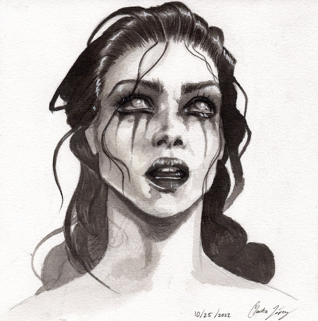 Crying Woman Original Ink Painting on 100% Cotton Paper not a Print - Etsy
