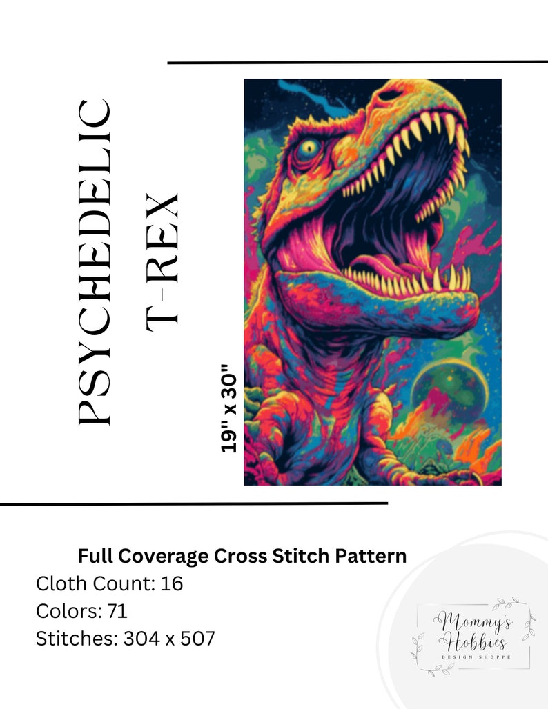 Modern Cross Stitch psychedelic T-rex Dinosaur PDF Easy Full Coverage ...