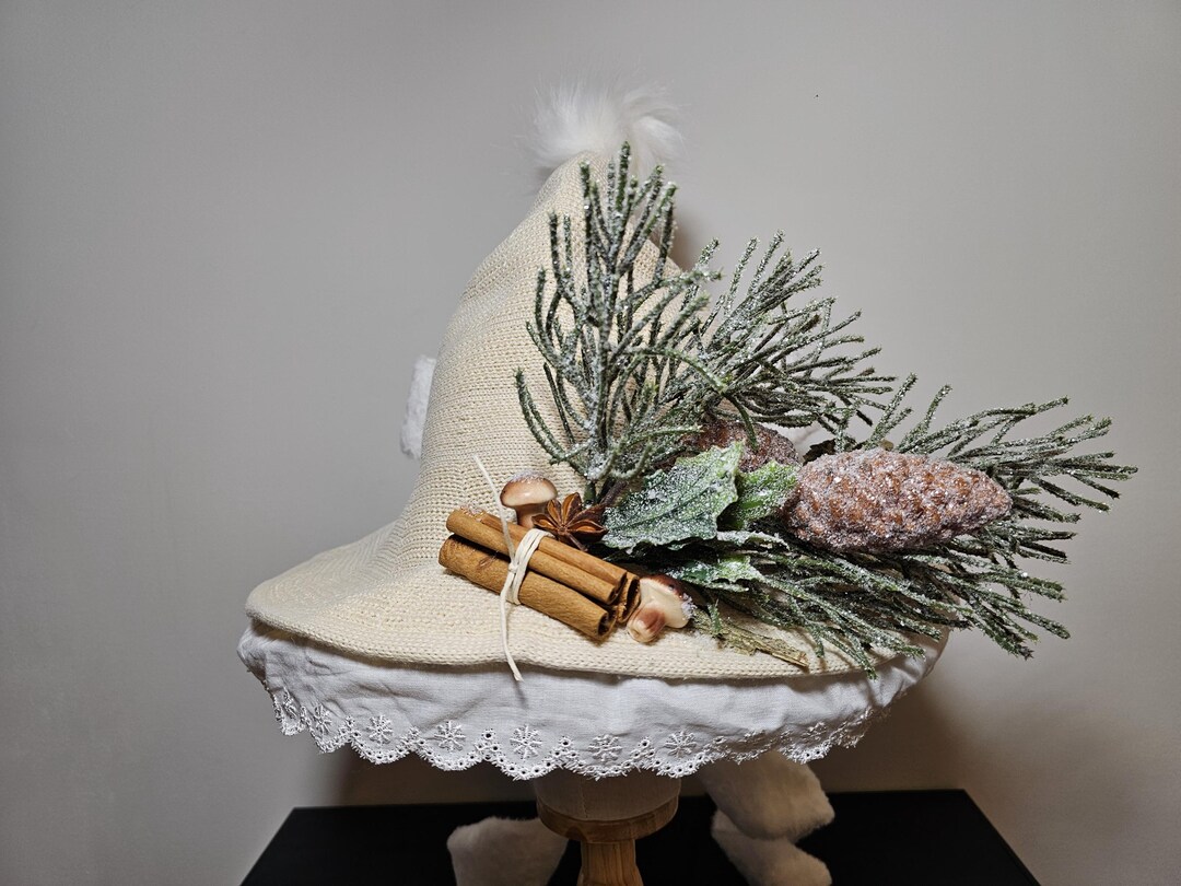 Snowy Winter Solstice Forage Witch Hat: Bird, Pinecones, Cinnamon, Star ...