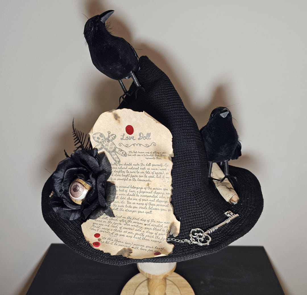 Dark Crow Witch Hat: Spells, Floral Eye, Skeleton Key- Halloween ...