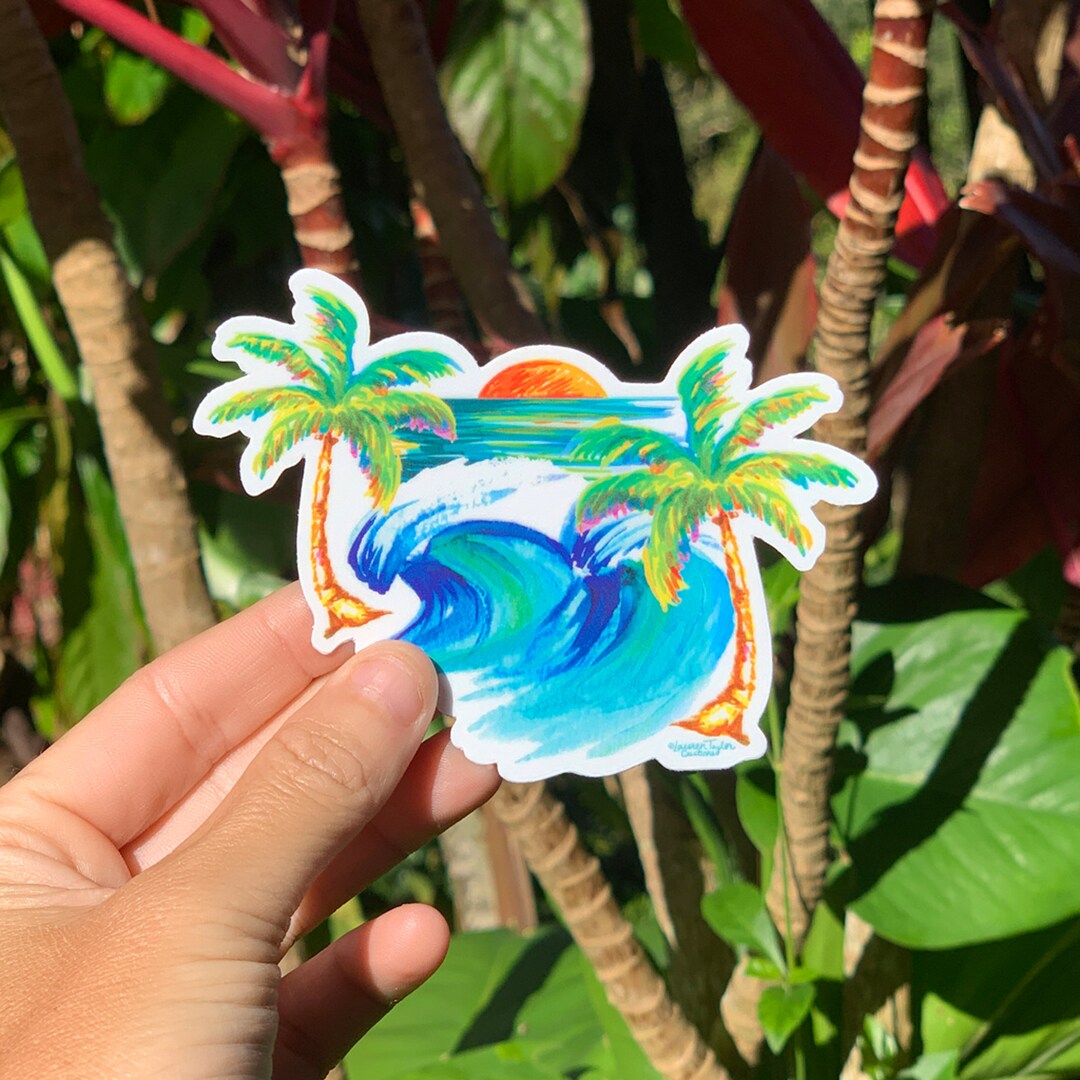 Sunset Surf White Sticker Small, Surf Stickers, Kauai Stickers, Wave ...