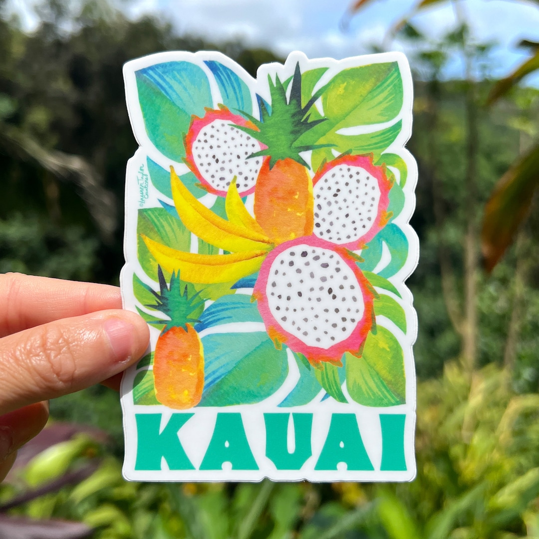 Kauai Fruit White Sticker Medium, Dragonfruit, Monstera Leaf, Flower ...