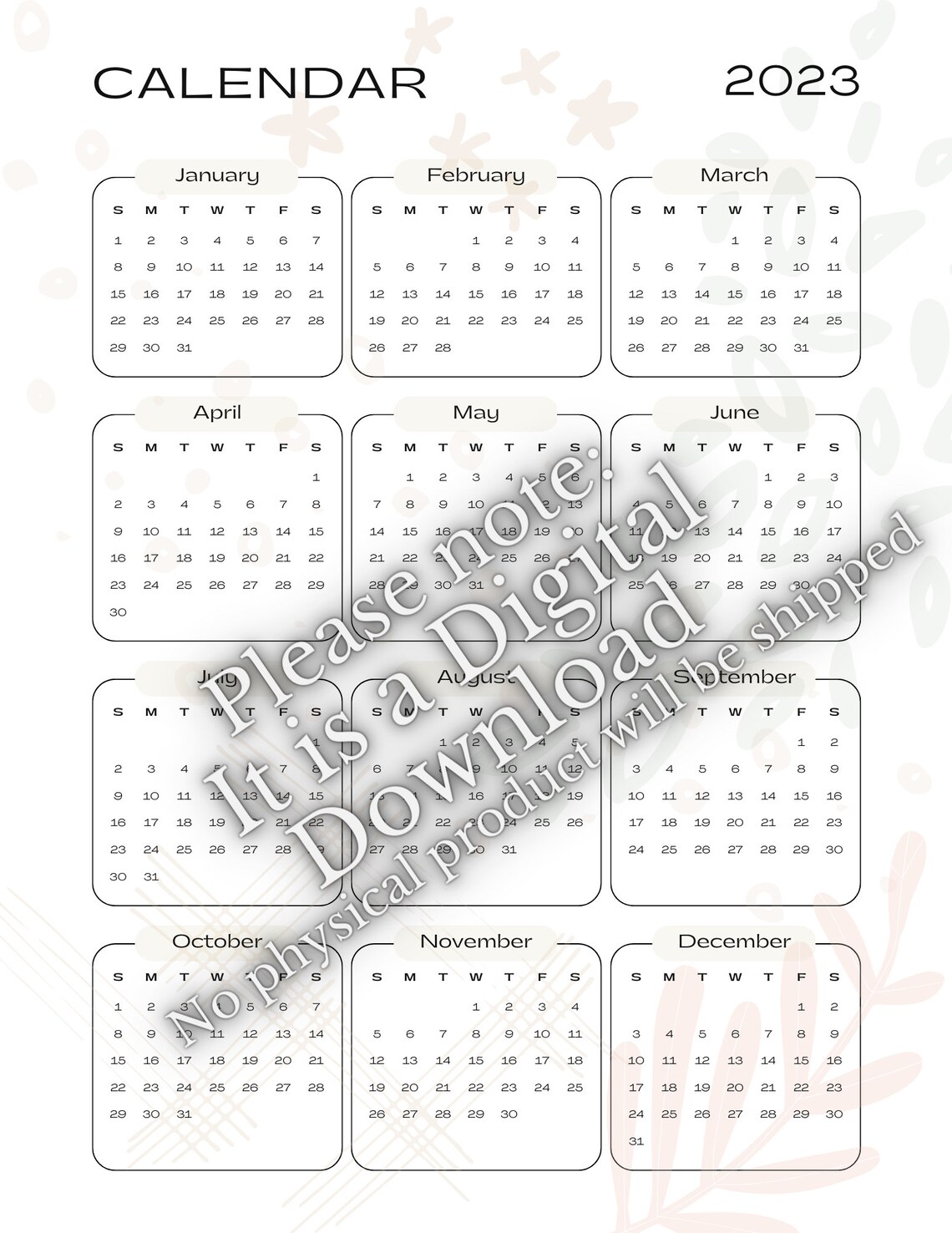 2023 Simple Calendar, Digital Download, Printable Vertical Layout - Etsy