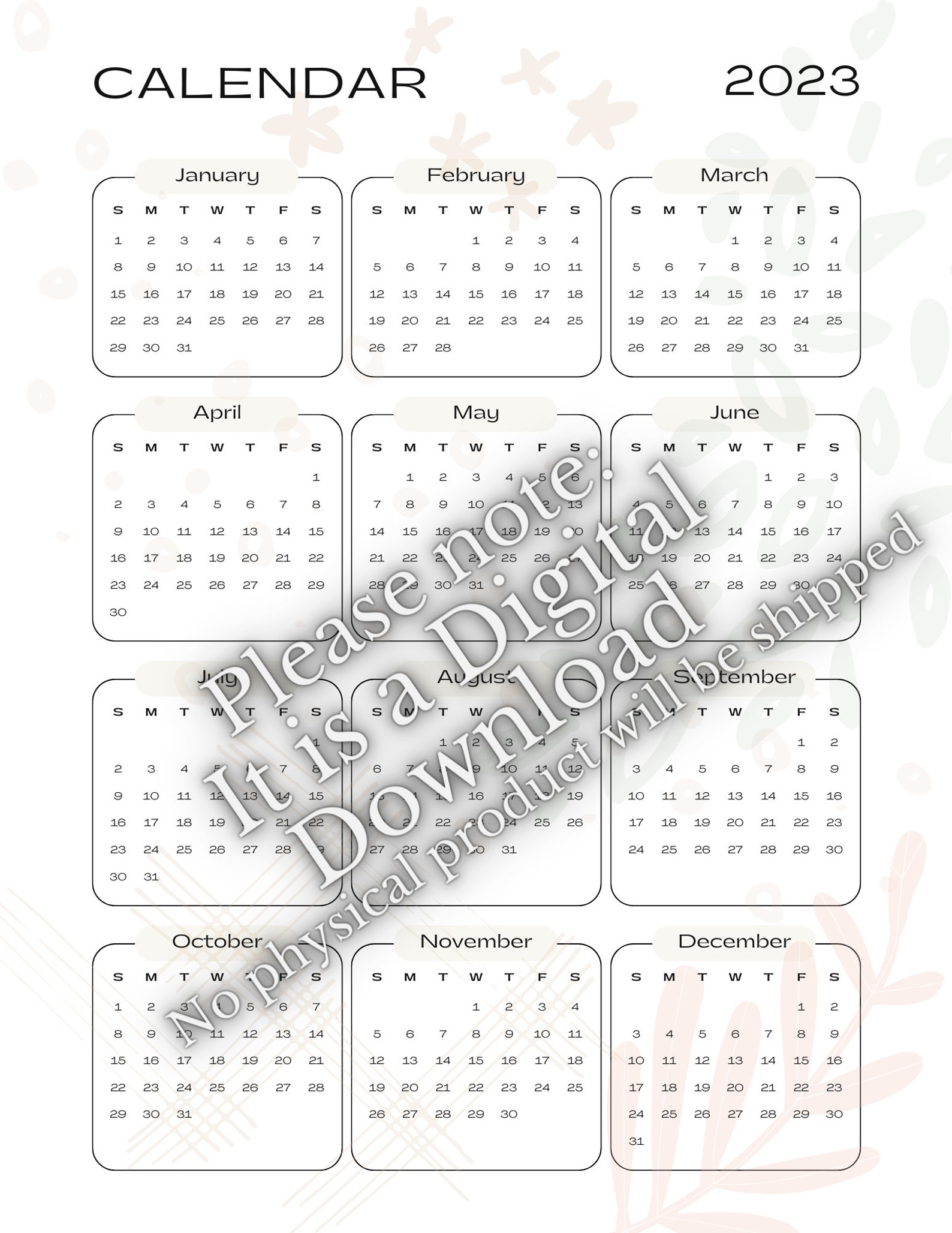 2023 Simple Calendar, Digital Download, Printable Vertical Layout - Etsy