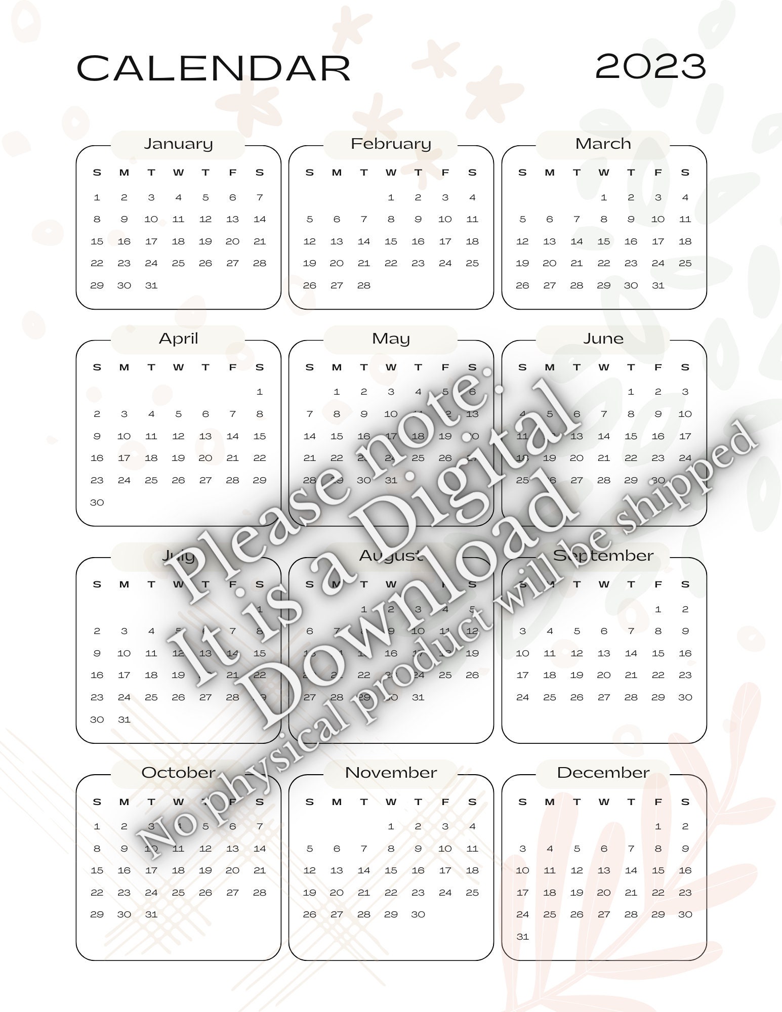 2023 Simple Calendar, Digital Download, Printable Vertical Layout - Etsy