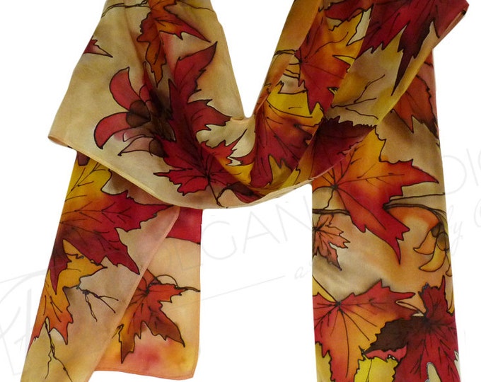Silk Scarf Leaves Fall Red Orange Yellow. Silk Art Scarf Hand Painted ...