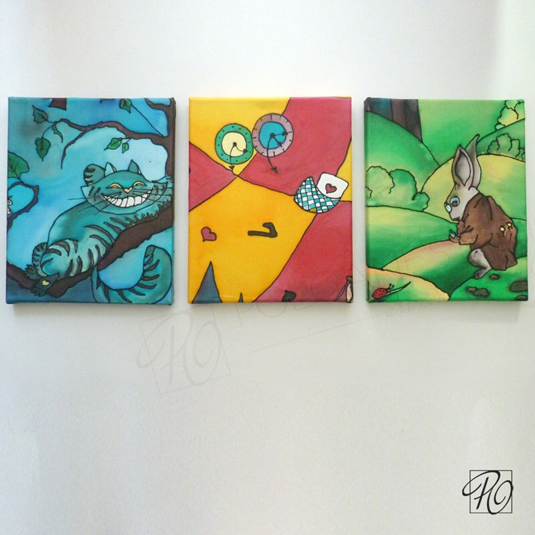 Blue Cat Cheshire Rabbit Wonderland Paintings Children Room Original ...