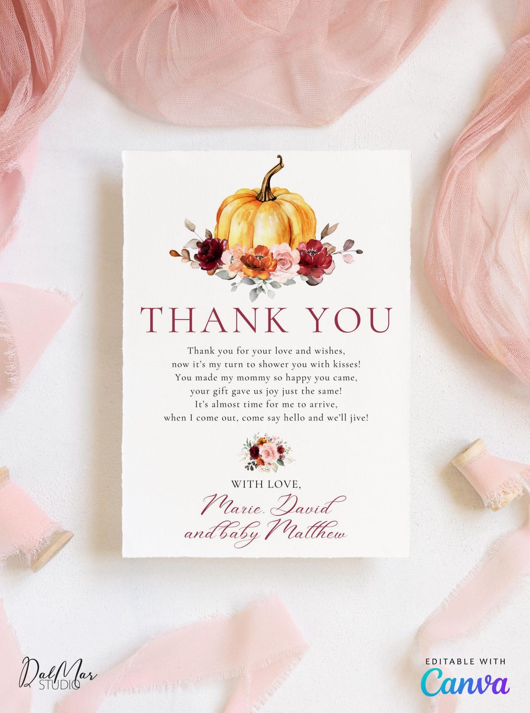 Editable Floral Pumpkin Thank You Card, Digital Fall Little Pumpkin ...