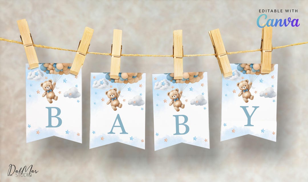 Editable Teddy Bear Baby Shower Banner, Blue Brown Balloons Welcome ...