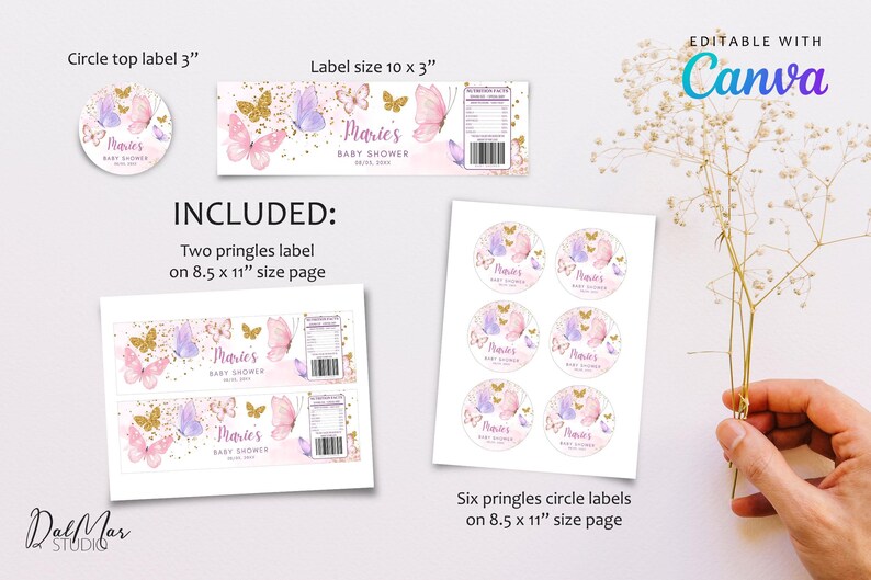 Editable Butterfly Mini Chips Can Label, Pink Purple Butterflies Baby ...