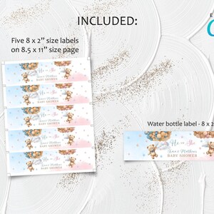Editable Teddy Bear Label Baby Shower, Bears Pink Blue Balloons Water ...