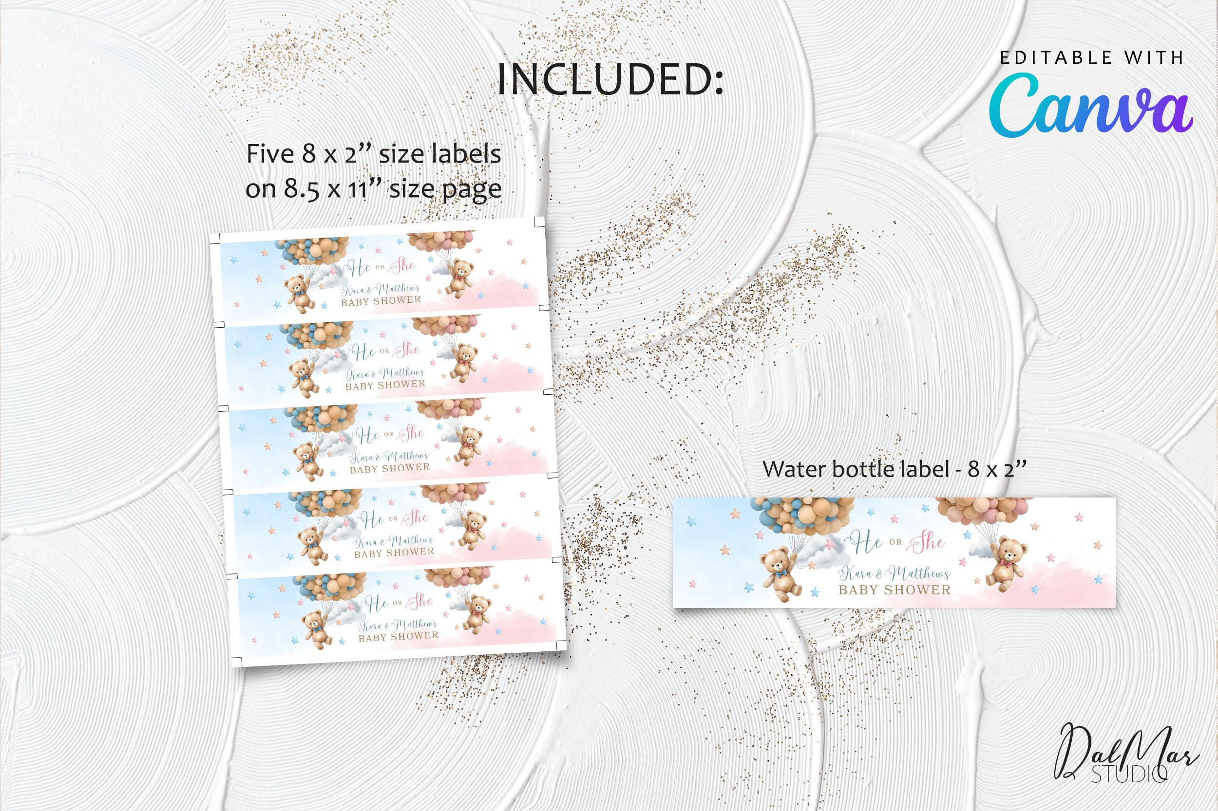 Editable Teddy Bear Label Baby Shower, Bears Pink Blue Balloons Water ...
