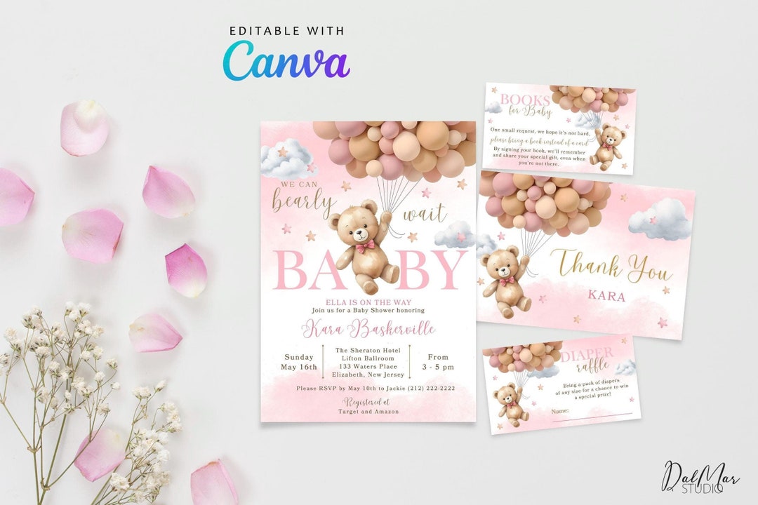 Teddy Bear Baby Shower Invitation Set, Editable in Canva, Pink Brown ...