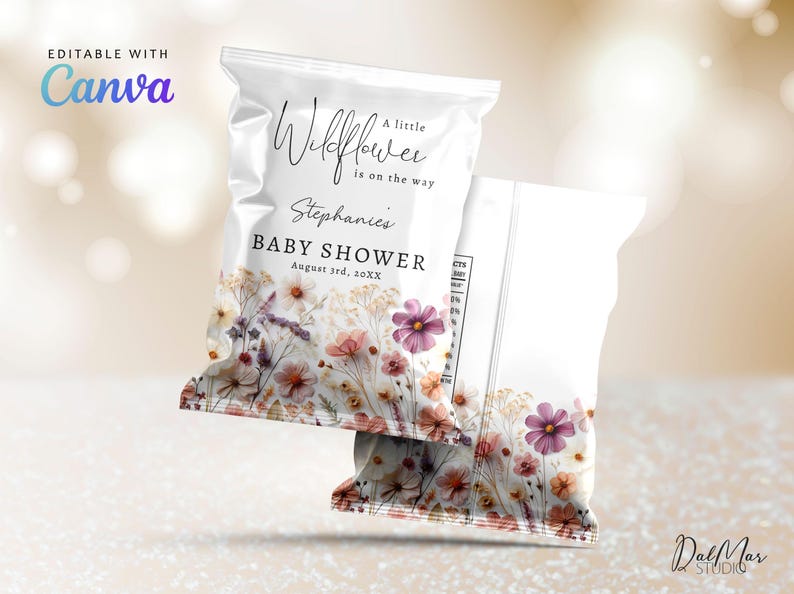 Editable A Little Wildflower Baby Shower Chip Bag, Digital Purple Pink ...