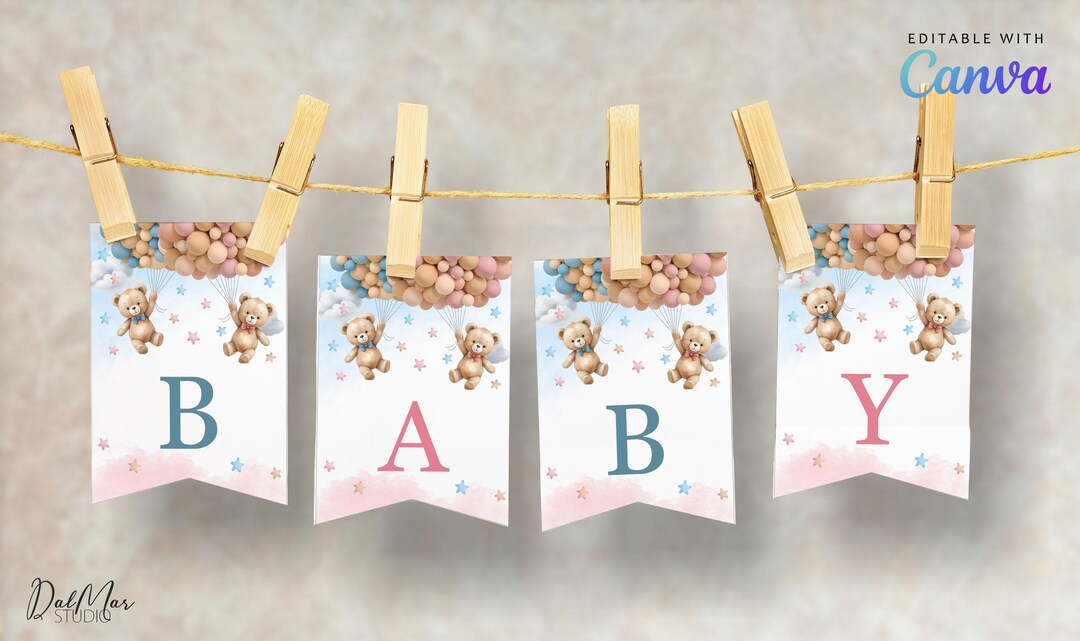 Editable Teddy Bear Baby Shower Banner, Blue Pink Balloons Welcome Baby ...